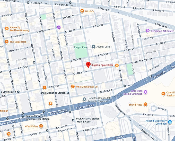 16. sugar n’ spice diner (1203 sycamore st) map