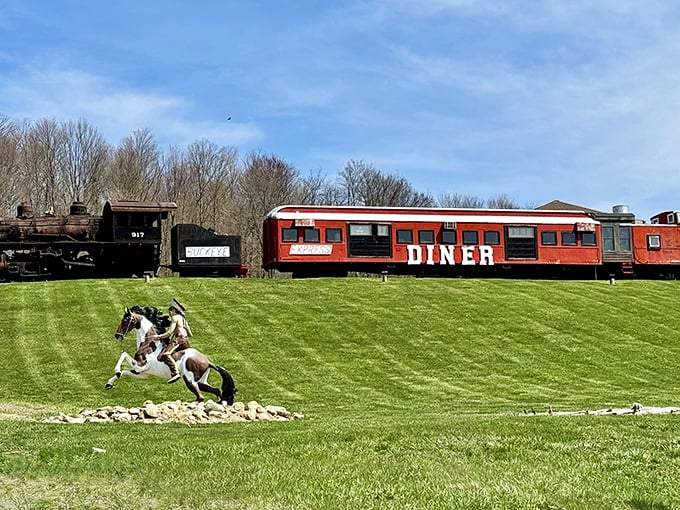 All aboard the flavor express! This red train car diner proves the best journeys end with comfort food.