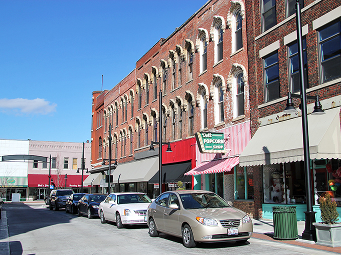 Historic brick buildings line Decatur's charming downtown, where affordable shopping awaits behind those classic storefronts.
