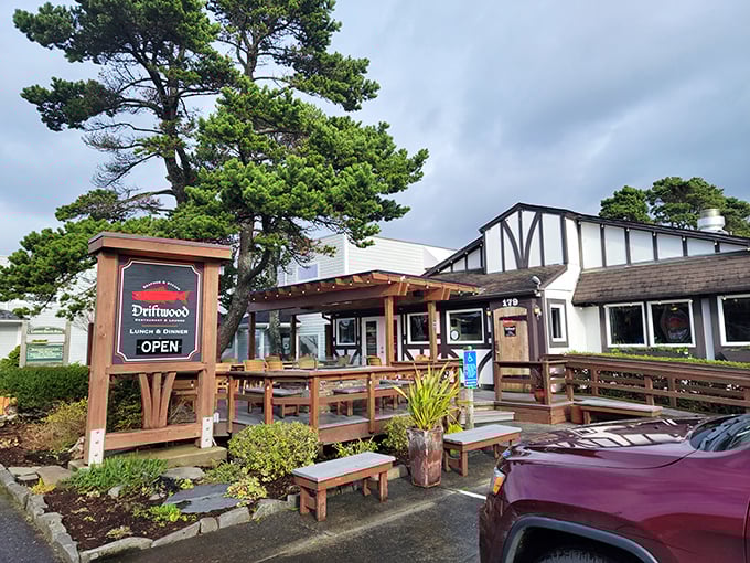 Rustic wooden decks and towering pines create the perfect backdrop for coastal comfort food.