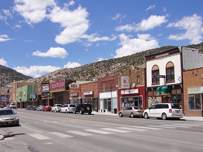 Ely's historic main street whispers tales of Nevada's mining past while mountains stand guard in the background.
