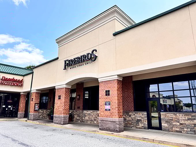 Firebirds' brick and stone exterior promises what lies within—a wood-fired adventure for your taste buds!