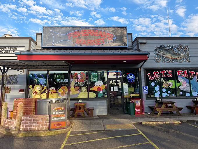 The neon sign beckons like a lighthouse for hungry sailors. This Eugene spot promises seafood that'll make you consider moving closer to the coast.