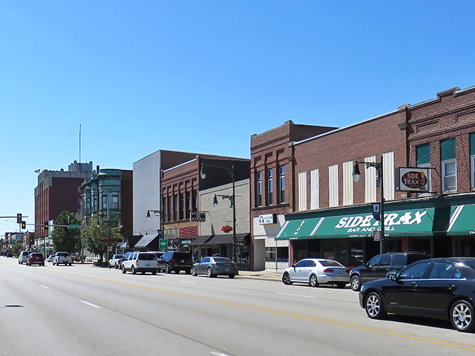 Classic Main Street America unfolds here, where brick buildings whisper stories of simpler times.