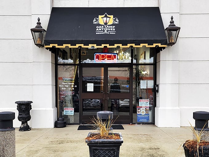 The elegant black awning of GasLamp Antiques beckons like a portal to the past. Step inside and kiss your afternoon goodbye!
