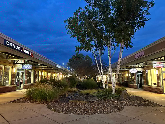 Evening lights transform this outdoor shopping paradise into something magical and inviting for bargain hunters.