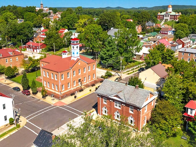 Brick by charming brick! Hermann's clock tower stands sentinel over a town where retirement dreams bloom as vibrantly as the surrounding hills.