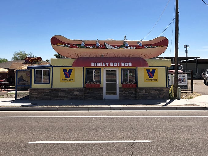 That giant hot dog on the roof isn't just decoration—it's a delicious promise waiting to be fulfilled.