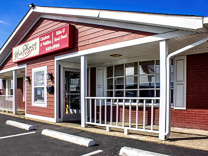 That red barn-style building isn't hiding hay - it's serving up soul food that'll make you sing hallelujah.