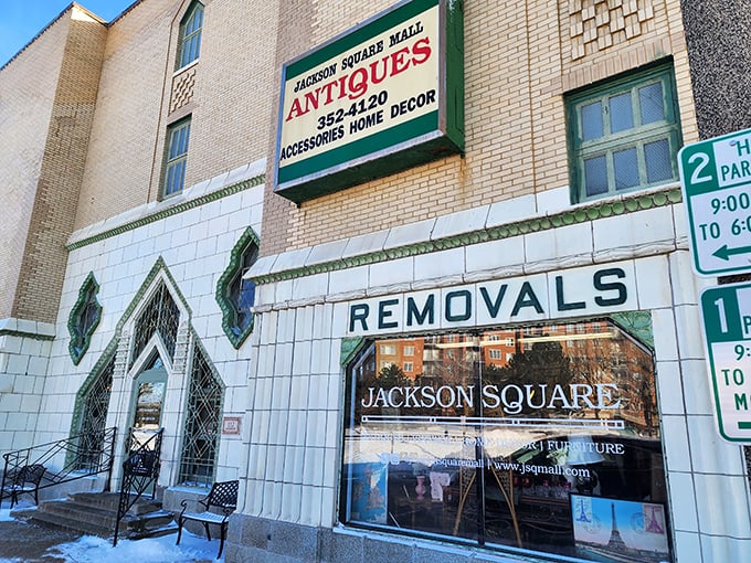 The historic facade of Jackson Square Antiques beckons with promises of treasures hidden behind those Art Deco windows.