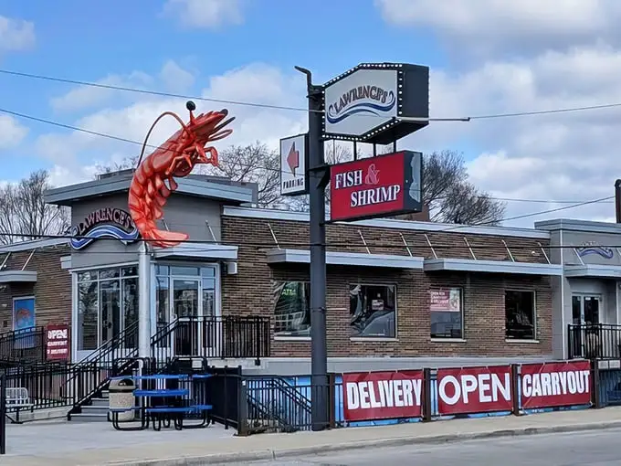 That giant red shrimp isn't just decoration—it's a delicious promise hanging over Canal Street.