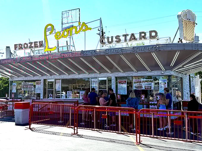 Leon's iconic neon sign has been guiding custard pilgrims for generations. Like a dairy lighthouse in a sea of ordinary desserts.