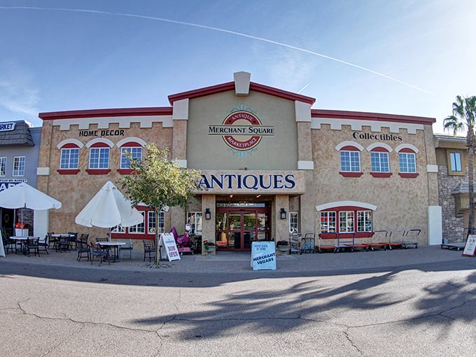 The castle of collectibles! Merchant Square's grand entrance promises treasure hunting adventures behind those inviting red-trimmed windows.