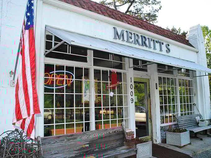 That classic diner charm hits you before you even walk through the door at Merritt's.