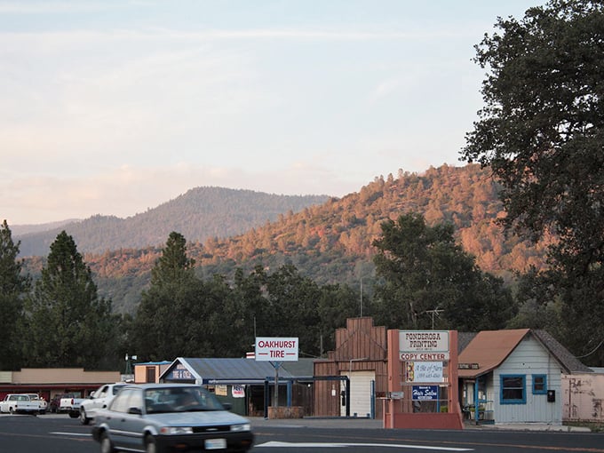 Golden hour paints Oakhurst's main street like a Norman Rockwell painting come to life.