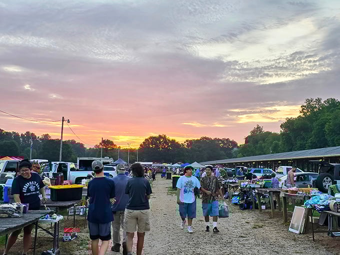 Sunset shopping at its finest! The golden hour casts a magical glow over treasure hunters at Pickens County Flea Market.