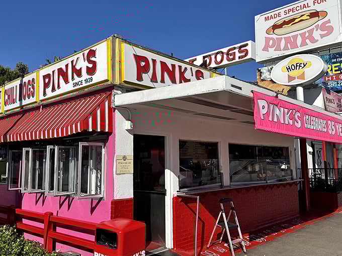 That bright pink exterior isn't subtle, but neither is the legendary flavor waiting inside this Hollywood institution.