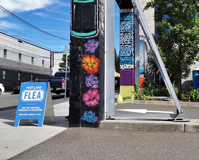Portland Flea's colorful sign welcomes treasure hunters to this urban oasis of vintage finds and handcrafted wonders.