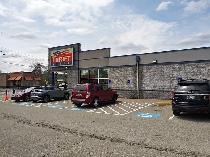 That patriotic storefront promises treasures inside - like a red, white, and blue beacon for bargain hunters everywhere.