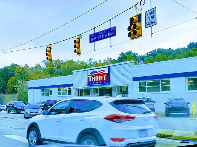 That classic blue and white storefront promises treasures inside - like a beacon for bargain hunters everywhere.