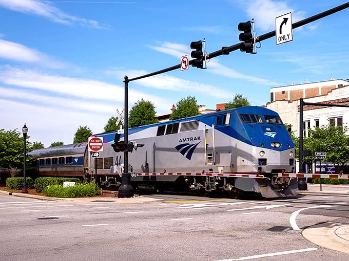 All aboard! This Amtrak train rolls through Rocky Mount like a scene from a classic movie.