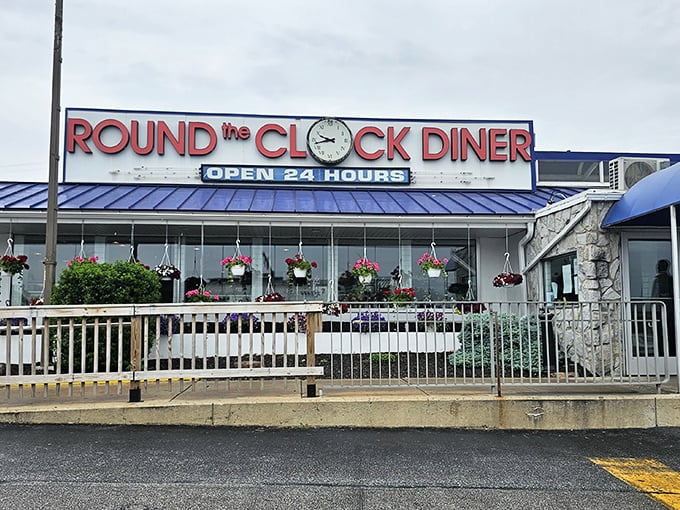 The iconic Round the Clock Diner sign promises what we all secretly want—breakfast at midnight and pancakes whenever the mood strikes!