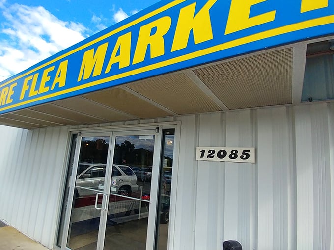 The bright blue sign of Shore Flea Market beckons like a lighthouse for bargain hunters on Virginia's Eastern Shore.