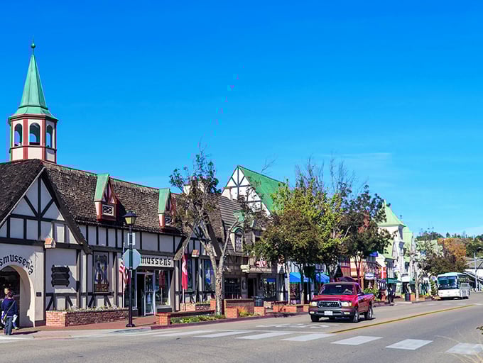 Solvang's Danish-style architecture transforms a California street into a storybook European village. Those windmills aren't just for show!