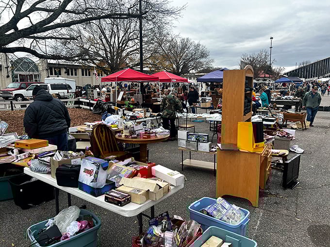 Treasure hunters gather under cloudy skies at The Raleigh Flea Market, where every table holds potential gold.