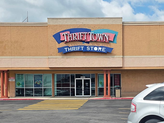 Thrift Town's iconic storefront beckons with promises of treasures within. Like a retail time machine with better lighting!