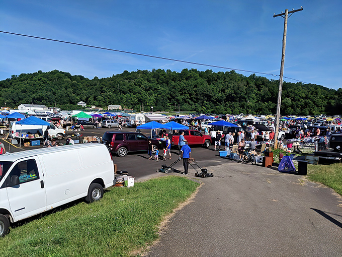 Weekend treasure hunters flock to Trader Jack's sprawling outdoor market, where bargain dreams come true under Pennsylvania's blue skies.