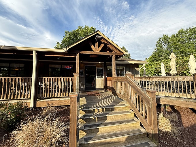 Morning light bathes this mountain hideaway in golden warmth. Those wooden steps have welcomed hungry hikers and locals for countless breakfasts.
