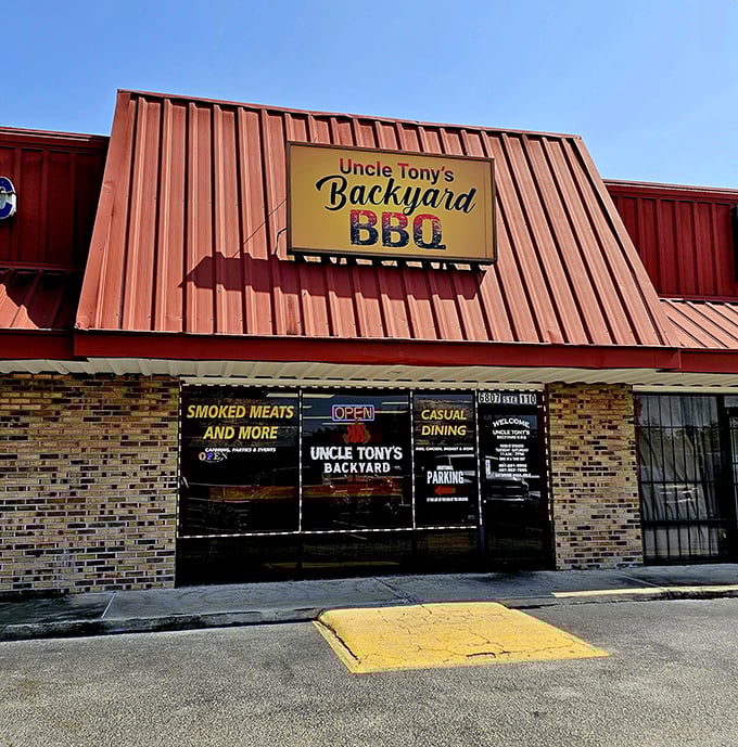 That red roof isn't just for show - it's like a beacon calling all barbecue lovers home.