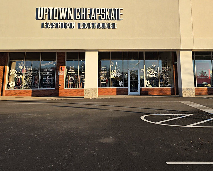 The sleek storefront of Uptown Cheapskate beckons with promise – where fashion finds a second life without emptying your wallet.