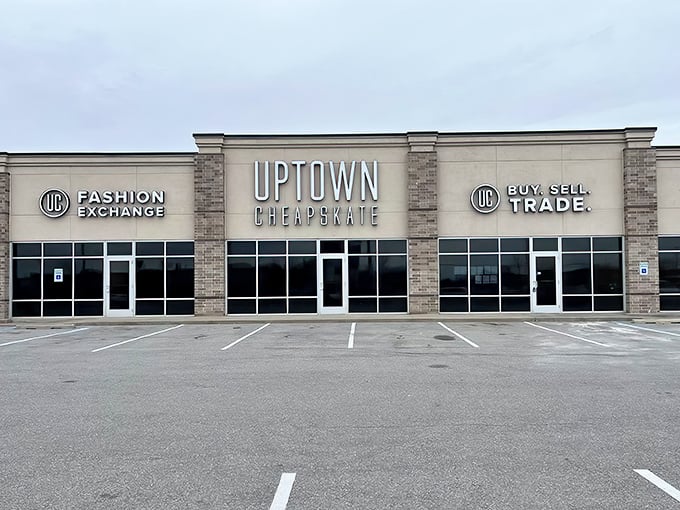 That modern storefront promises serious shopping ahead – three sections of fashion treasures under one massive roof.