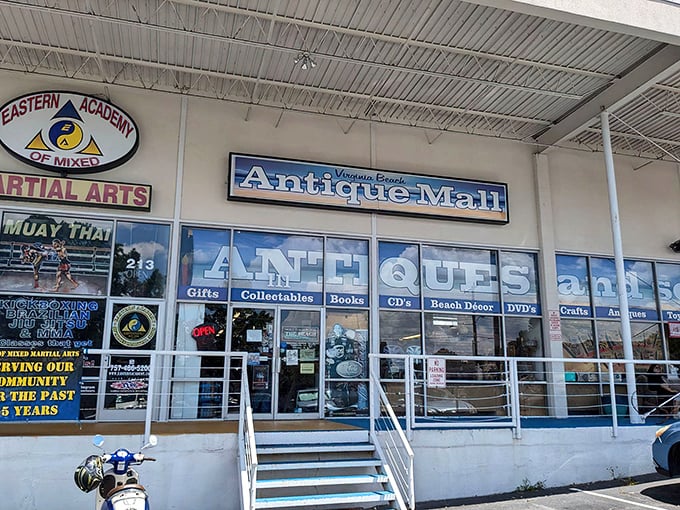 The Virginia Beach Antique Mall welcomes treasure hunters with its no-nonsense storefront. Like a time capsule with price tags!