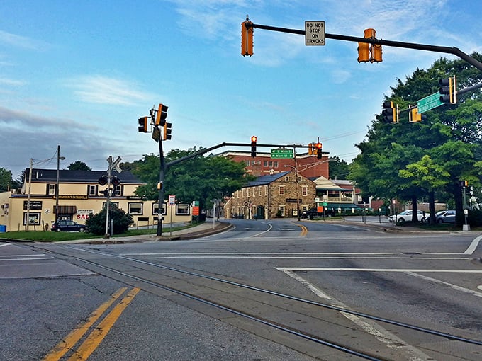 Westminster's Main Street crossing - where traffic lights outnumber the actual traffic by about three to one.