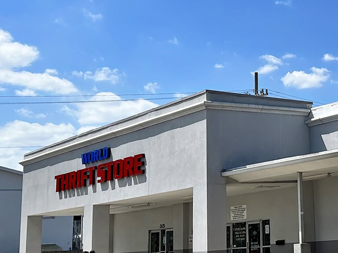 World Thrift's bold red and blue sign promises treasure hunting on an epic scale. Like a retail archeologist's dream dig site!