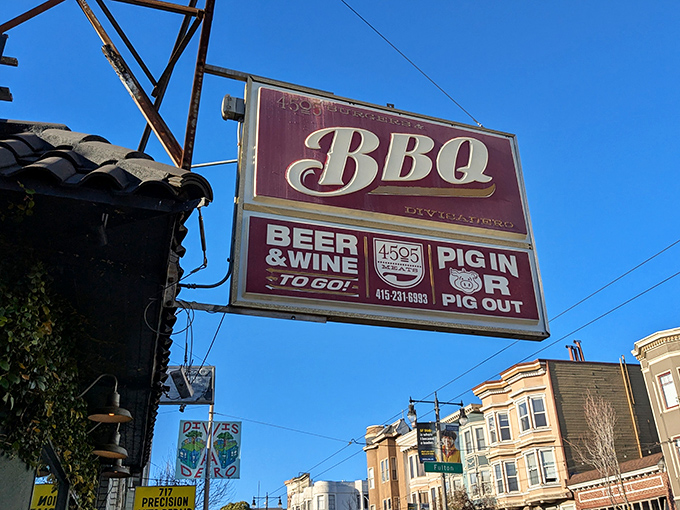 That vintage "Pig In or Pig Out" sign isn't just clever wordplay—it's a legitimate life decision you'll face at this San Francisco smoke temple.