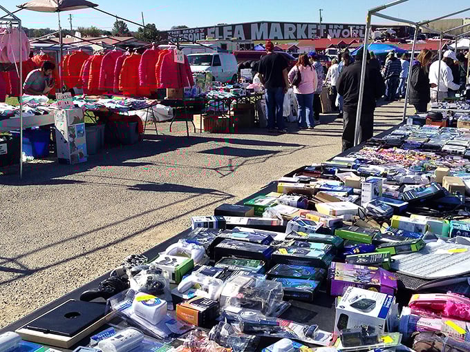 Rows of merchandise stretch toward the horizon at Awesome Flea Market. This isn't shopping—it's an archaeological expedition where everything's for sale!