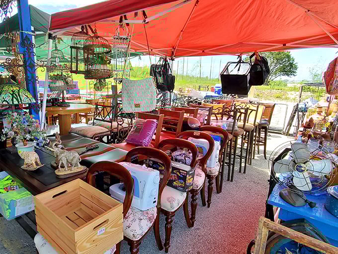 Furniture hunting made fun! Under this red canopy, vintage chairs and home goods wait patiently for someone to give them a second life.