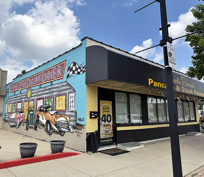 That vintage diner mural isn't just decoration - it's a promise of the real deal waiting inside.
