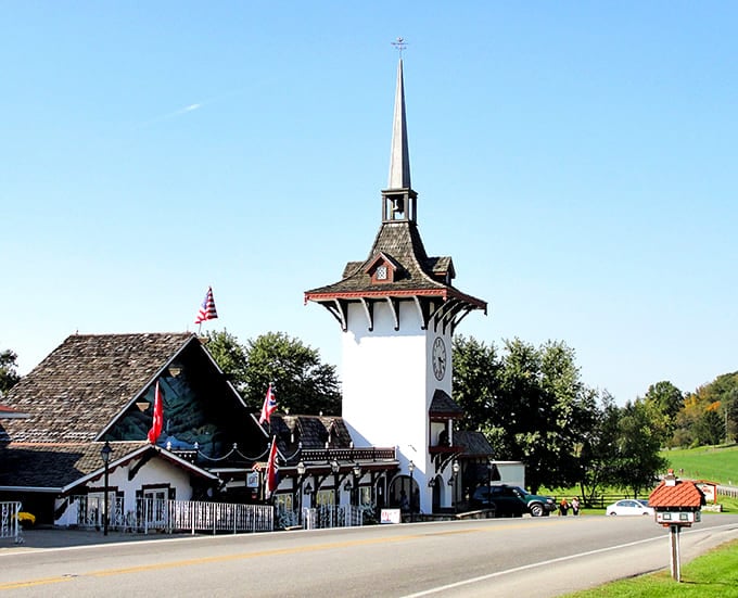 This charming Swiss-inspired clock tower keeps perfect time in Ohio's heartland countryside.