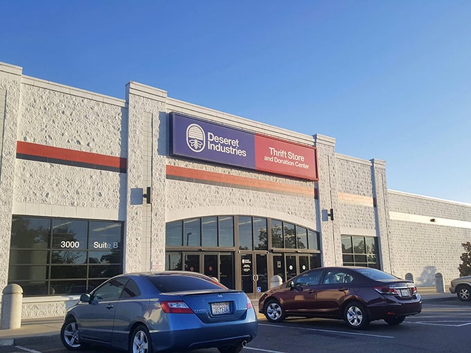 Two-tone elegance meets bargain hunting—this Desert Industries storefront promises adventures behind every automatic door.