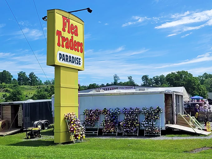 The yellow Flea Traders Paradise sign stands tall, welcoming weekend warriors ready for serious treasure hunting adventures.