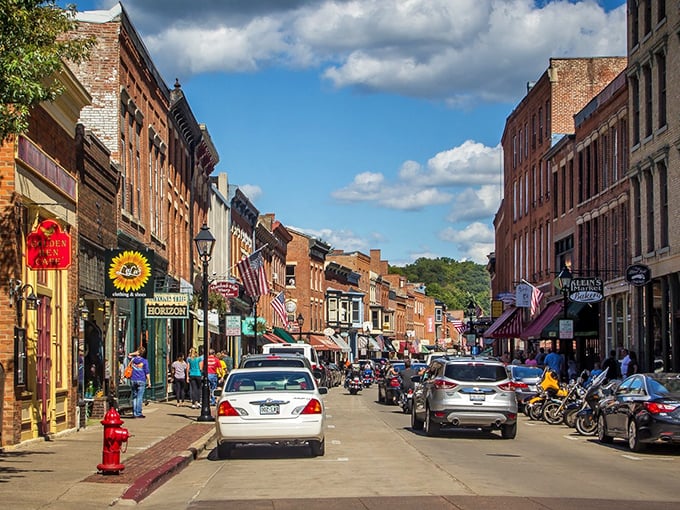Galena's Main Street—where history and shopping collide under skies so blue they'd make Sinatra jealous. No rush hour here, just the sweet pace of discovery.
