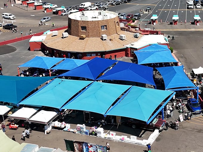 From above, those blue canopies look like a geometric dream protecting countless hidden gems below.