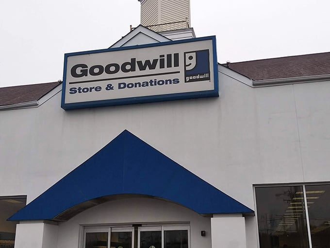 The classic Goodwill storefront beckons with possibilities, where one person's castoffs become another's cherished discoveries.