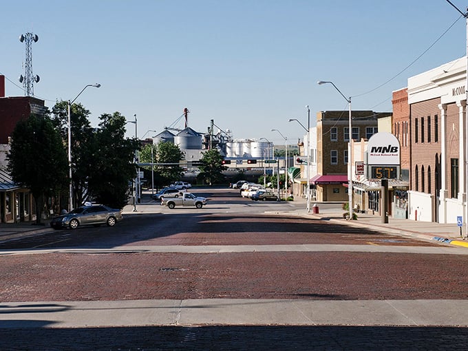 The view down Main Street in McCook reveals grain elevators in the distance – a reminder that affordable small-town living comes with authentic Nebraska character.