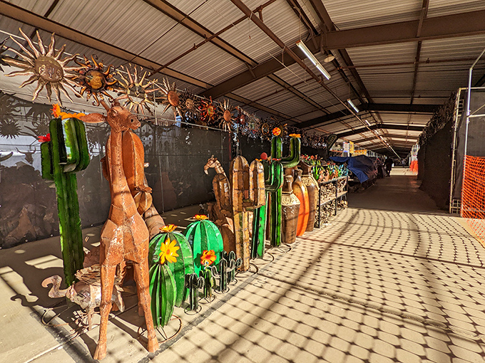 Desert shopping without the heat! Southwestern art and crafts line this covered marketplace like an air-conditioned treasure cave.